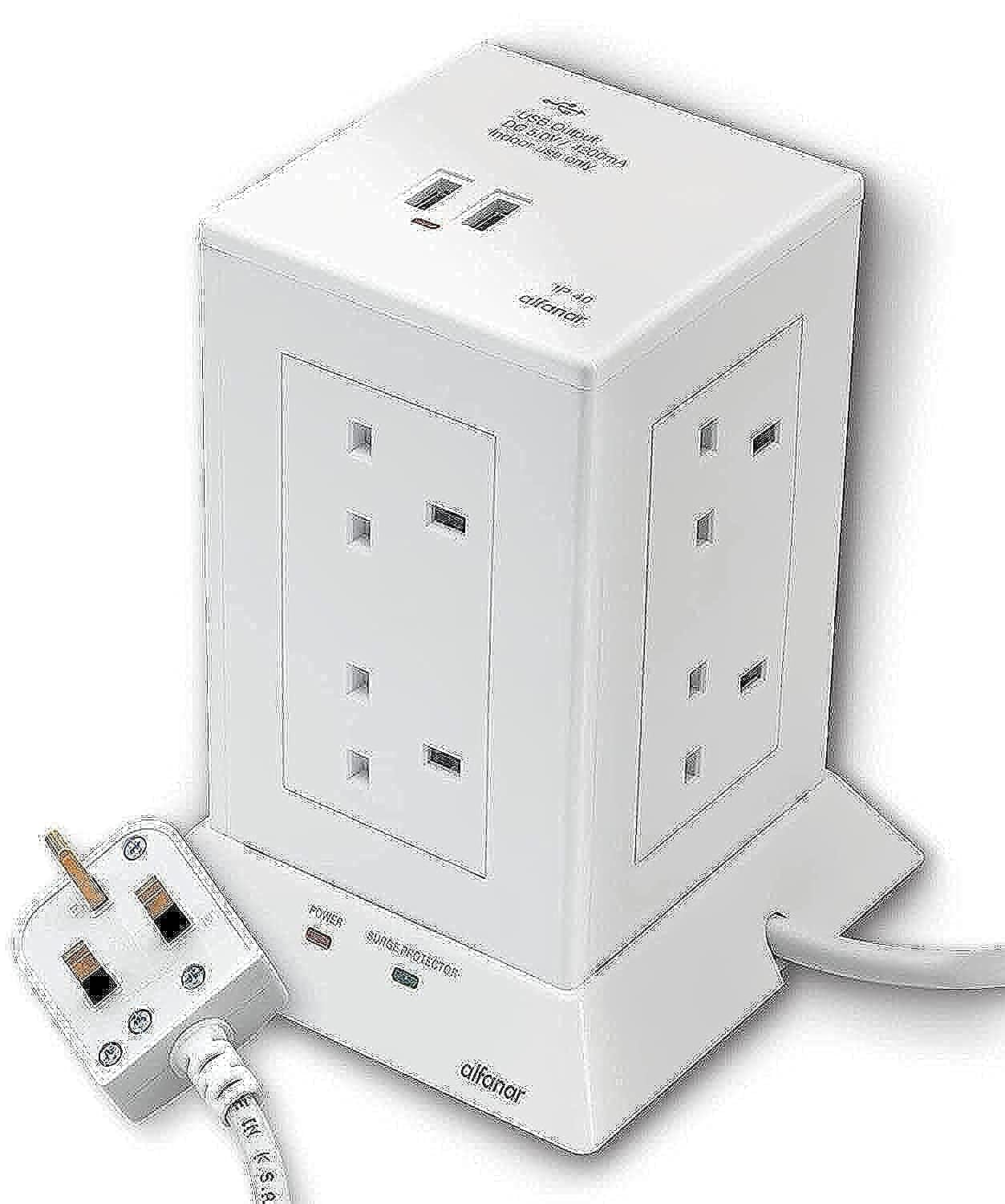 ALFANAR-Cord Extension Tower 8 Sockets 3 Meters 2 USB Ports 2.1A Each ...