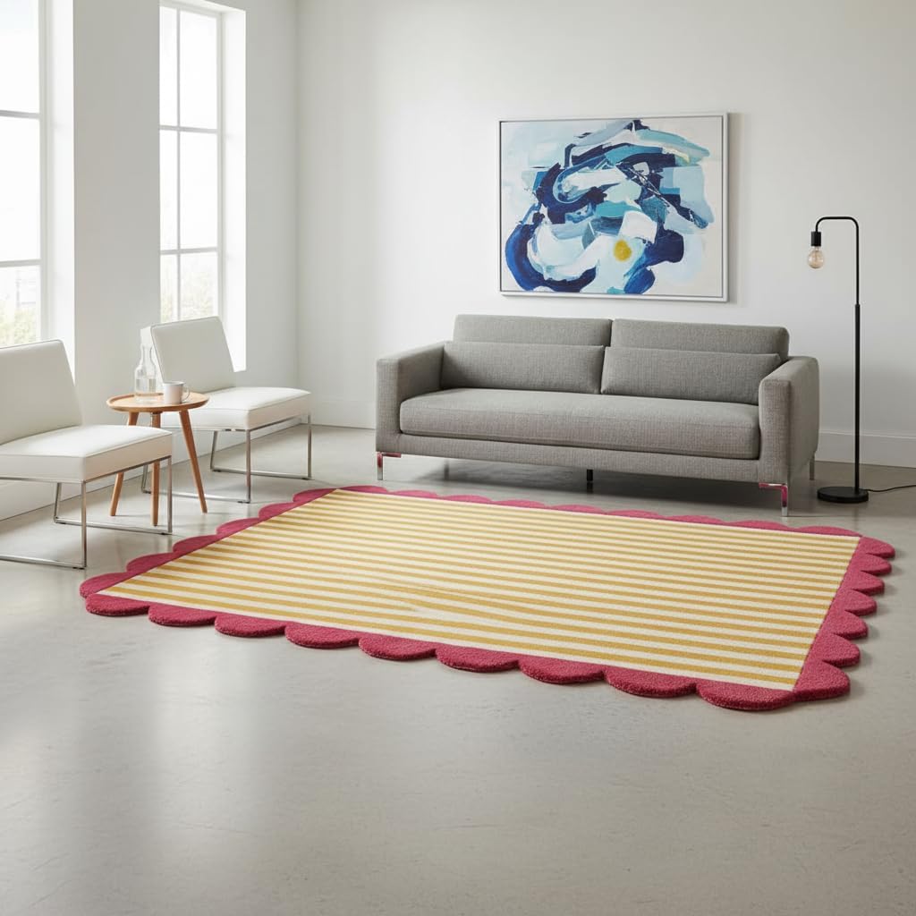 Amazon.com: Hand-Tufted Wool Area Rug with Scalloped Edges – Plaid ...