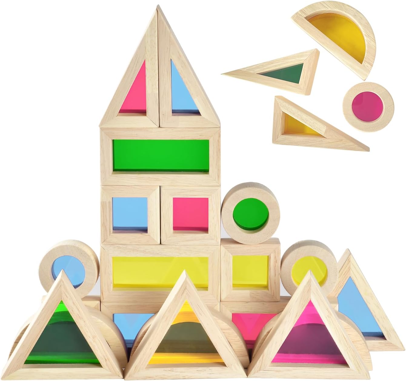 Wooden Building Blocks Set for Kids, 24Pcs Acrylic Rainbow Wooden ...