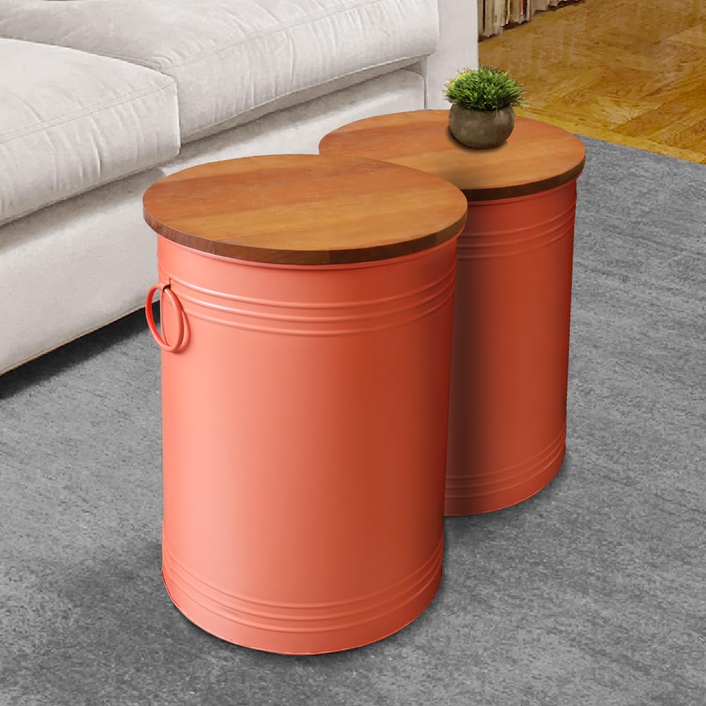 Storage Ottoman,with Cherry Wooden Lids,Set of 2,Metal Barrel Accent ...