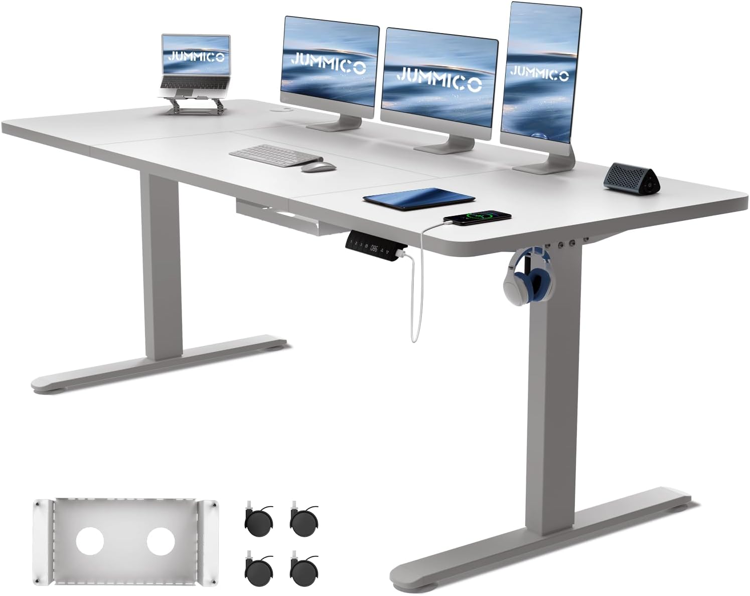 JUMMICO Höhenverstellbarer Schreibtisch 160x75cm mit 4 Beinen für Super ...
