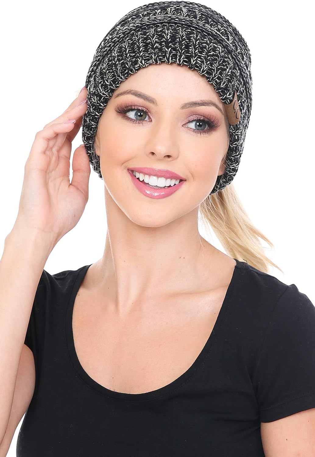 C C BeanieTail Soft Stretch Cable Knit B Messy High Ponytail Bun 2021