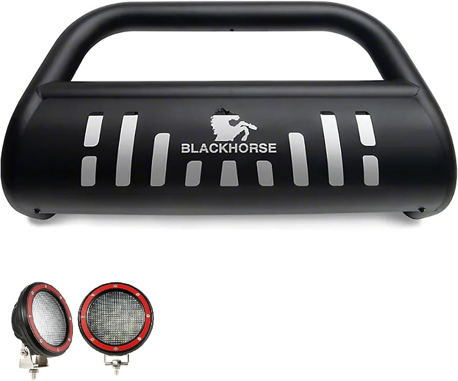 Black Horse Bull Bar Kit with a set of 5.3” Red Round Flood LED Lights ...