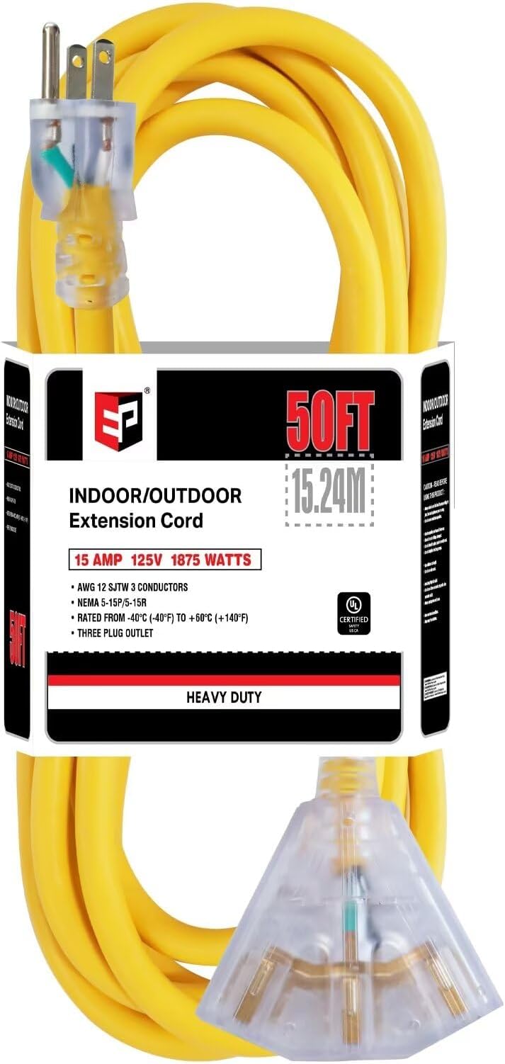 Amazon.com: PlugSaf 50 FT 12/3 Gauge Outdoor Extension Cord with ...
