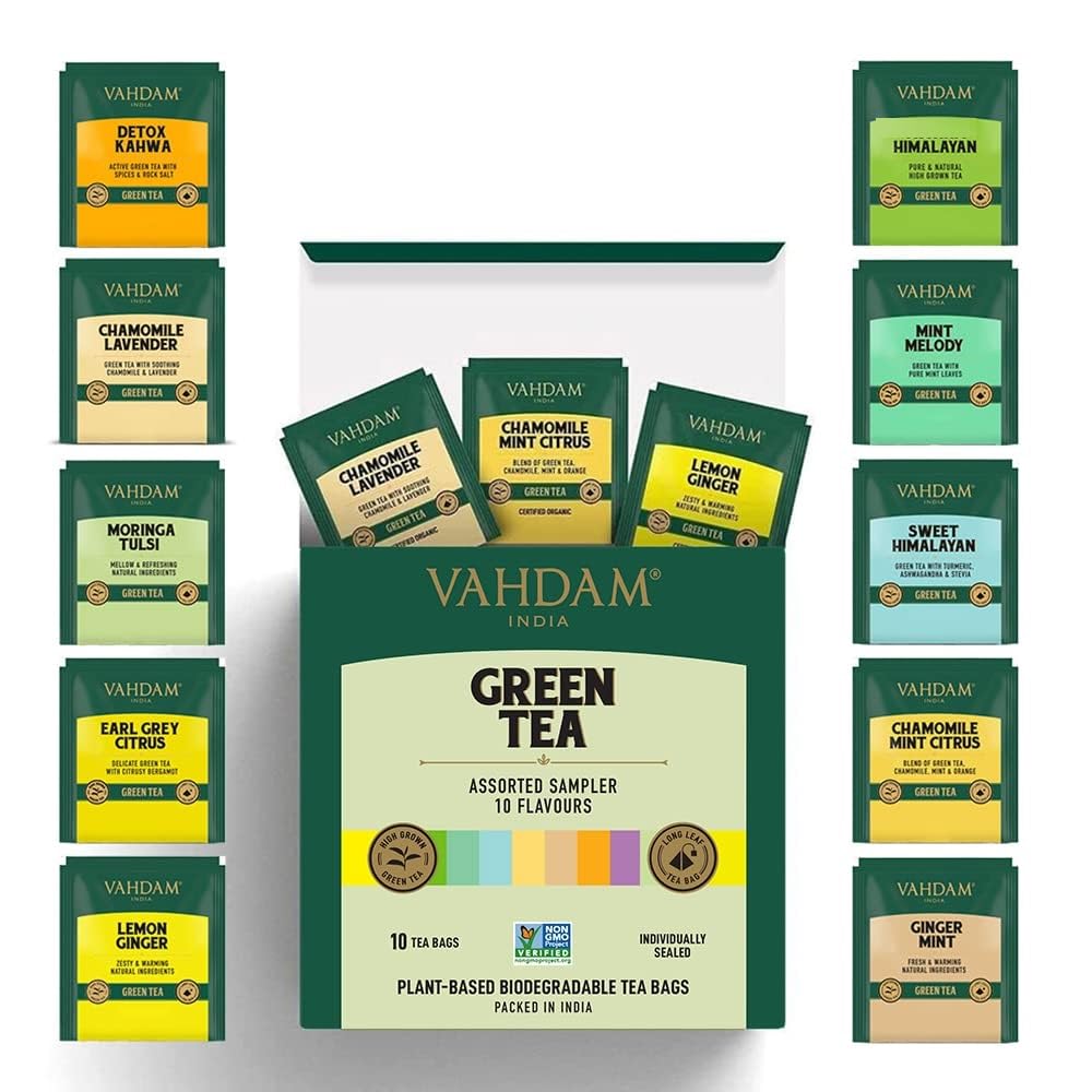 VAHDAM, Green Tea Bag Sampler | Tea Variety Pack- 10 Teas Bags | Gluten Free, Pure Ingredients ...