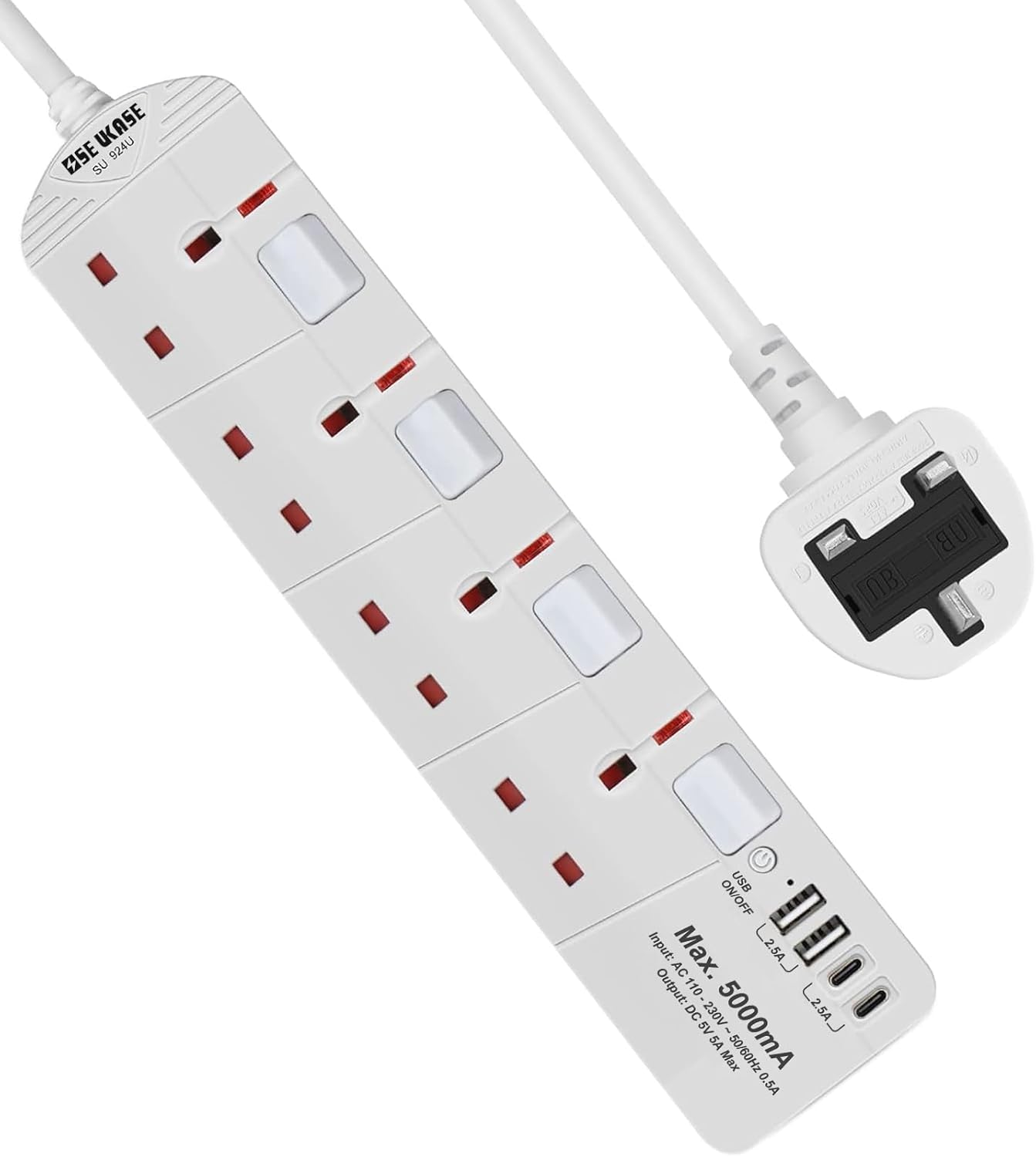 SE UKASE Extension Lead with USB Slots(5V/5A), 4 Way Plug Sockets with ...