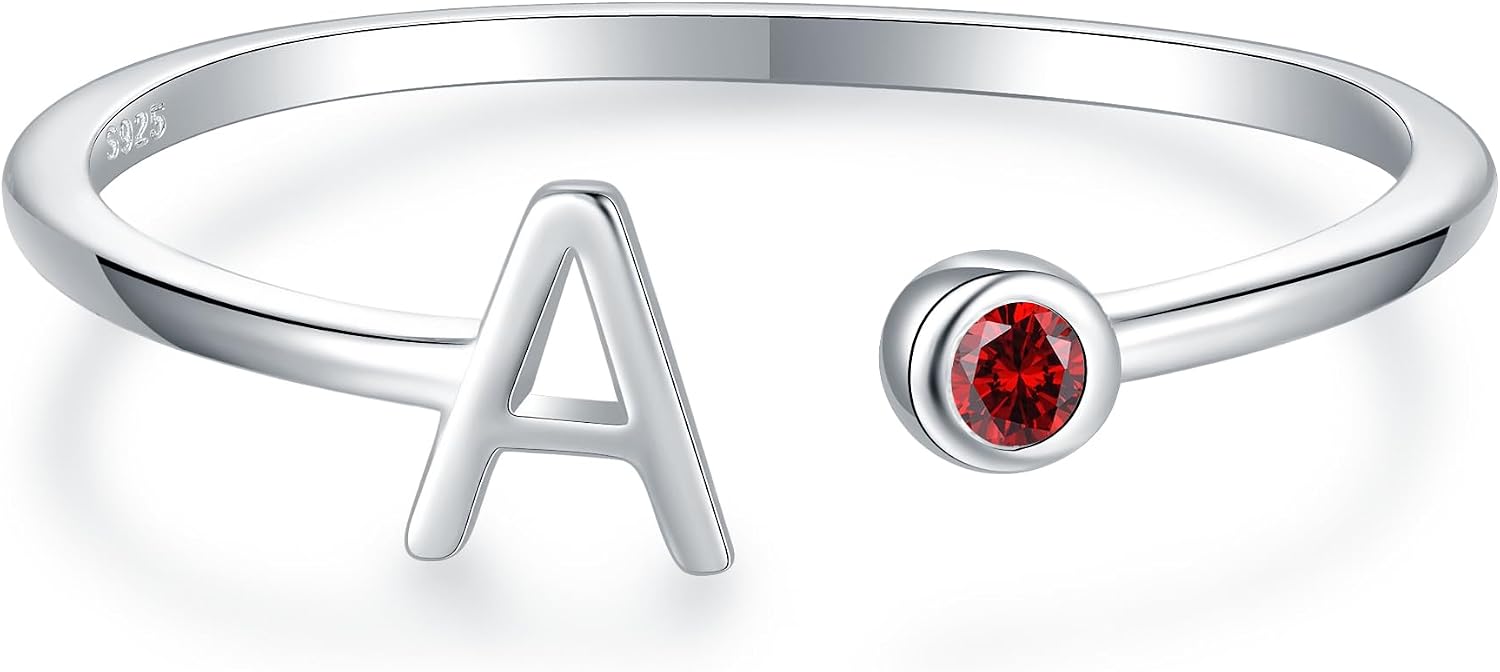 Amazon.com: 925 Sterling Silver Initial Letter Birthstone Rings for ...
