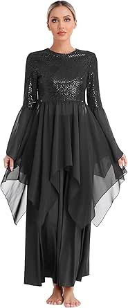 Amazon.com: Sinleey Women Sequin Asymmetrical Praise Worship Dance Dress with Maxi Skirt ...