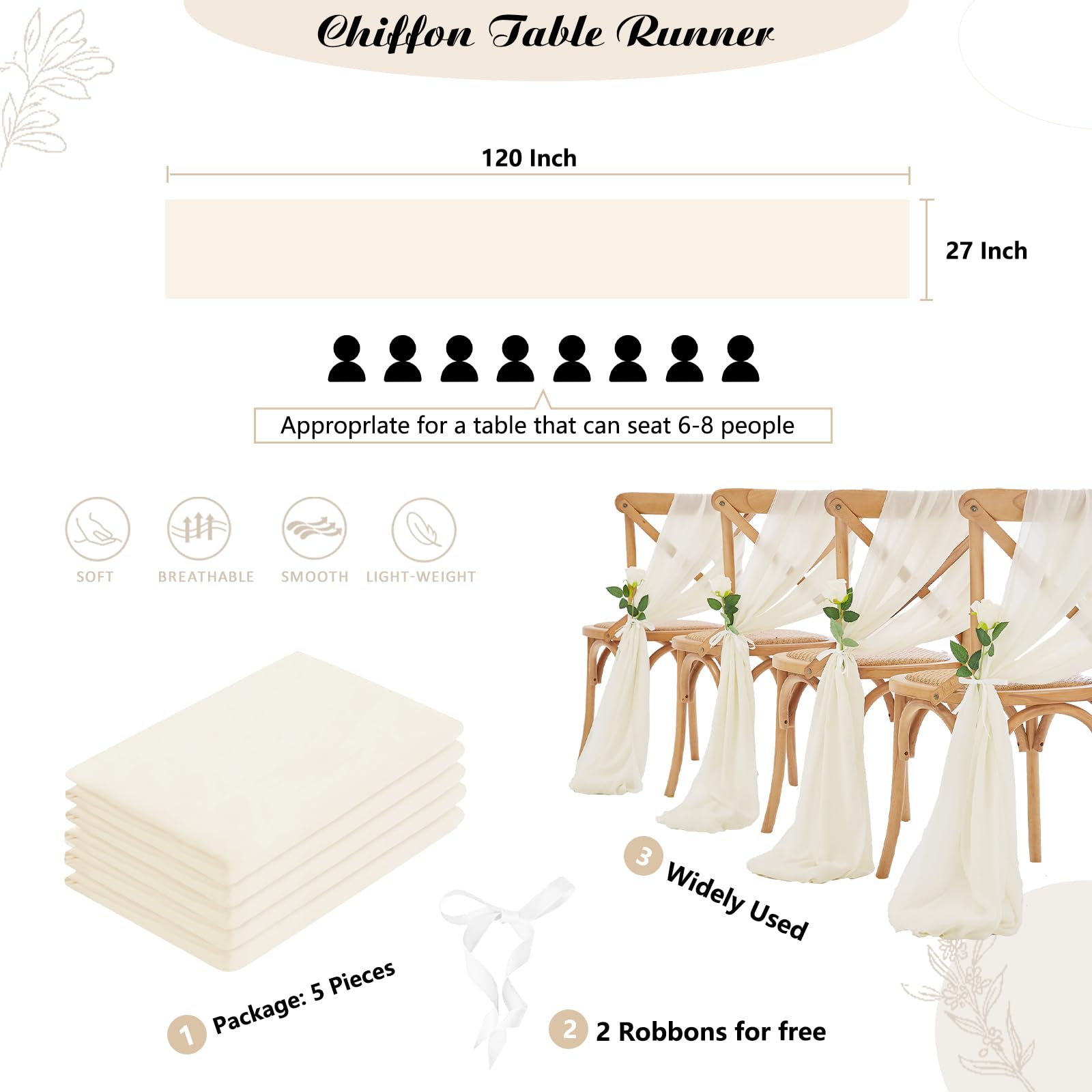Snapklik.com : Chiffon Table Runner 5 Pieces 27x120 Inches Ivory Sheer Elegant Runners 10Ft ...