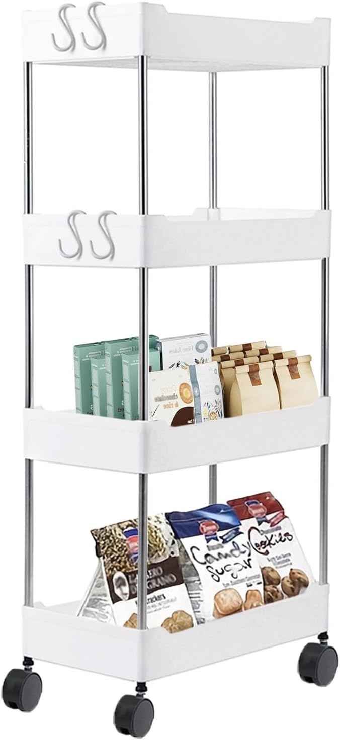 GEMMAHW 4-Tier Narrow Rolling Trolley, Storage Organizer Rack Shelf ...