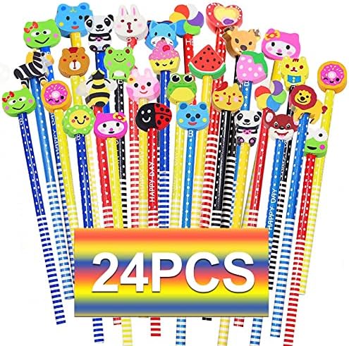 Cute Pencils for Kids, Fun Pencils with Eraser Toppers, Colorful Stripe ...