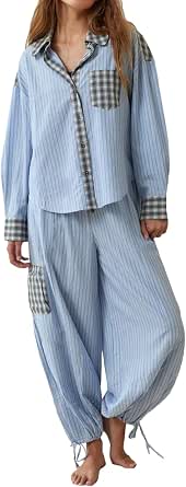 NUFIWI Striped 2 Piece Outfits for Women Button Down Blouse and Lounge ...