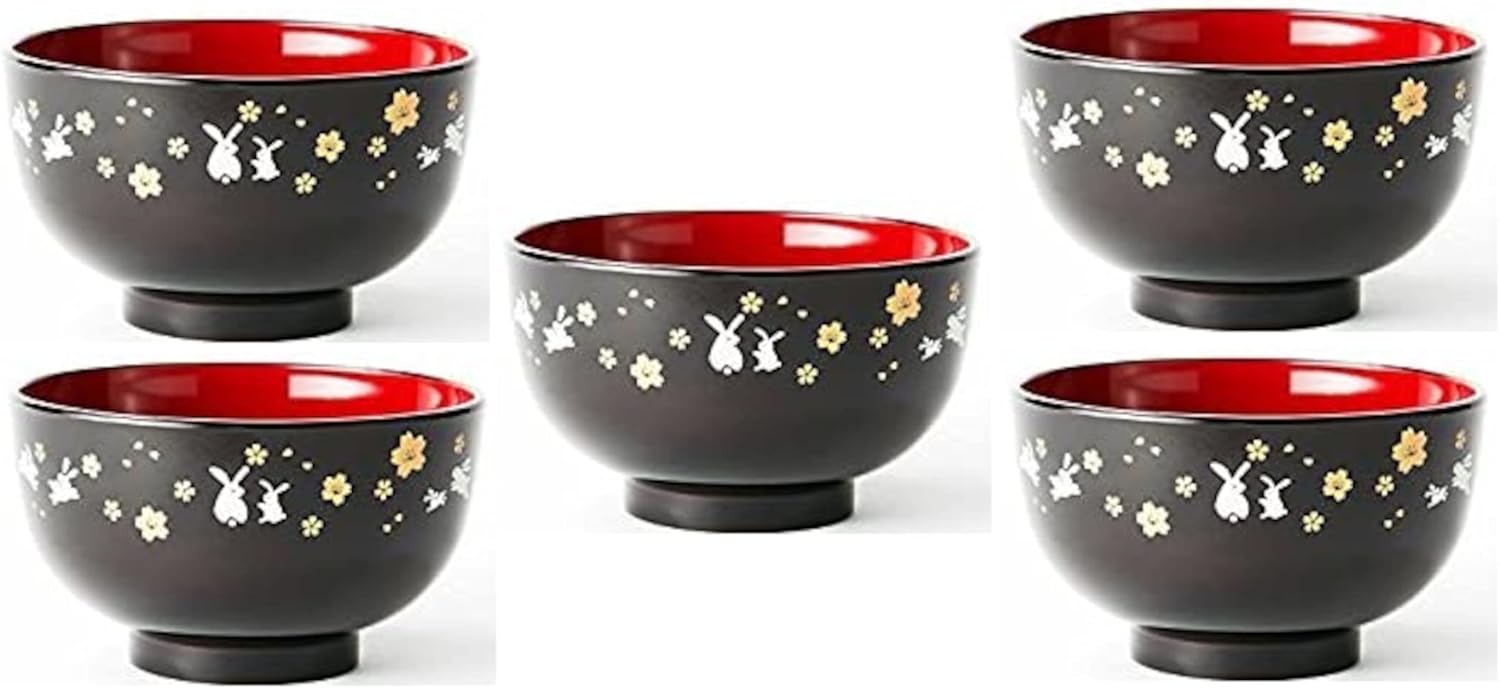 Asahi Kyouyou [5 Bowls Set] Japanese Black Bowls with Sitting Rabbits ...
