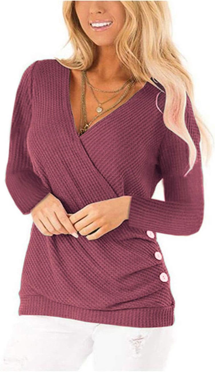Women Waffle Knitted Wrap Tunic Top Shirts V Neck Side Button Long ...