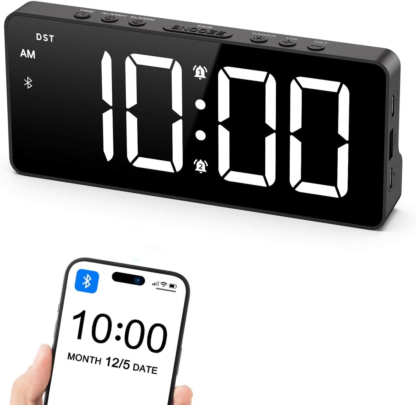 Amazon.com: AMIR Alarm Clocks for Bedrooms - Bluetooth Sync Time Alarm Clock, Digital Clock ...