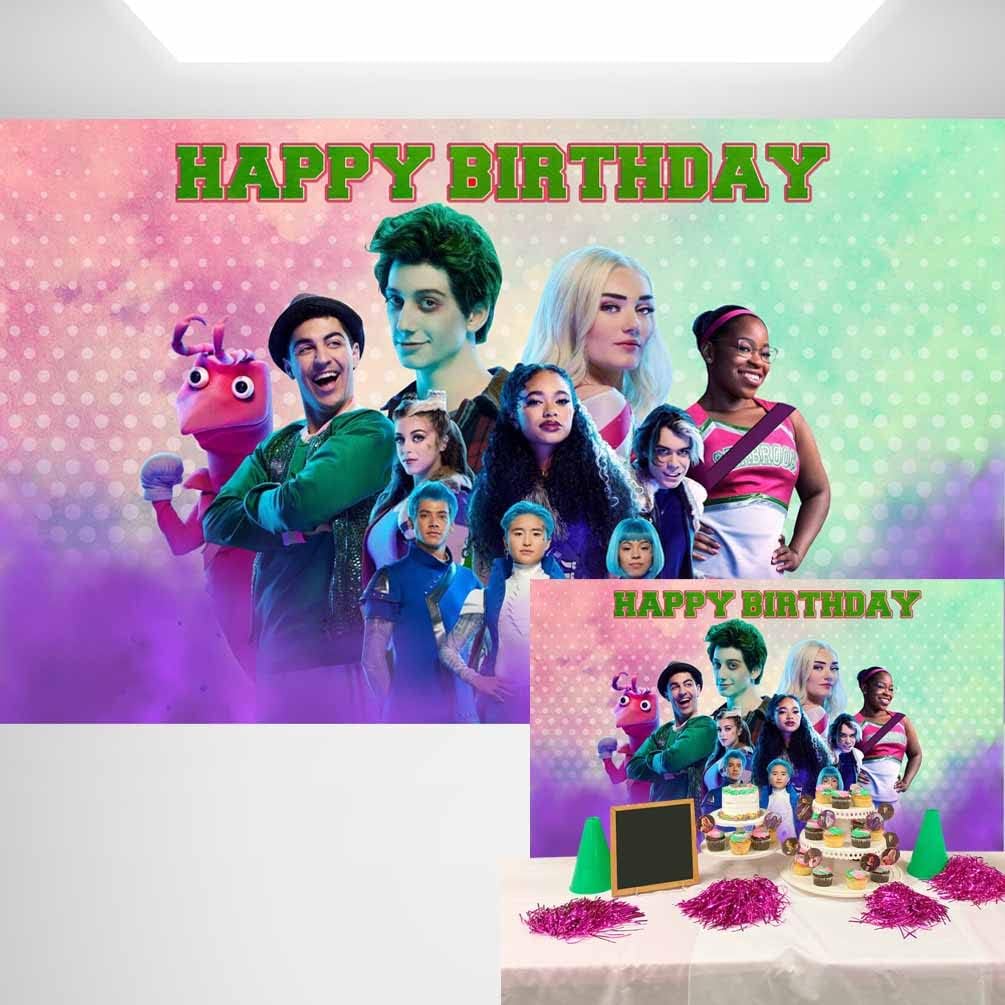 Zombies Birthday Party Backdrop Green Pink Purple Background with Polk ...