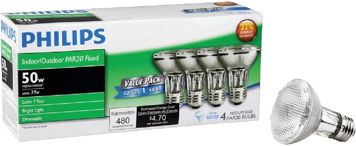 PHILIPS 419762 PAR20 Halogen Floodlight Light Bulb-4 Pack, Soft White ...