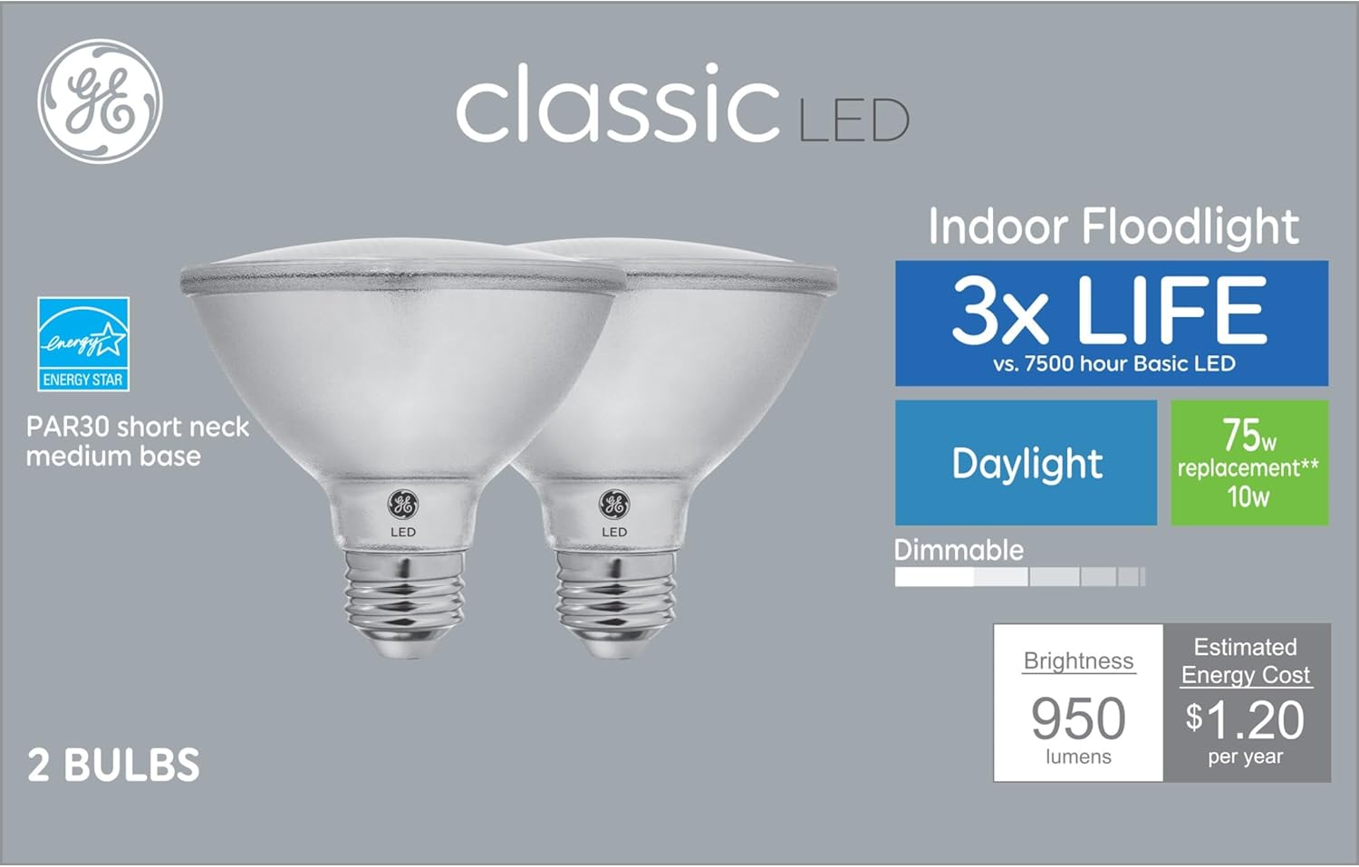 GE Classic LED Light Bulbs, 75 Watt Eqv, Daylight, PAR30 Bulbs (6 Pack ...