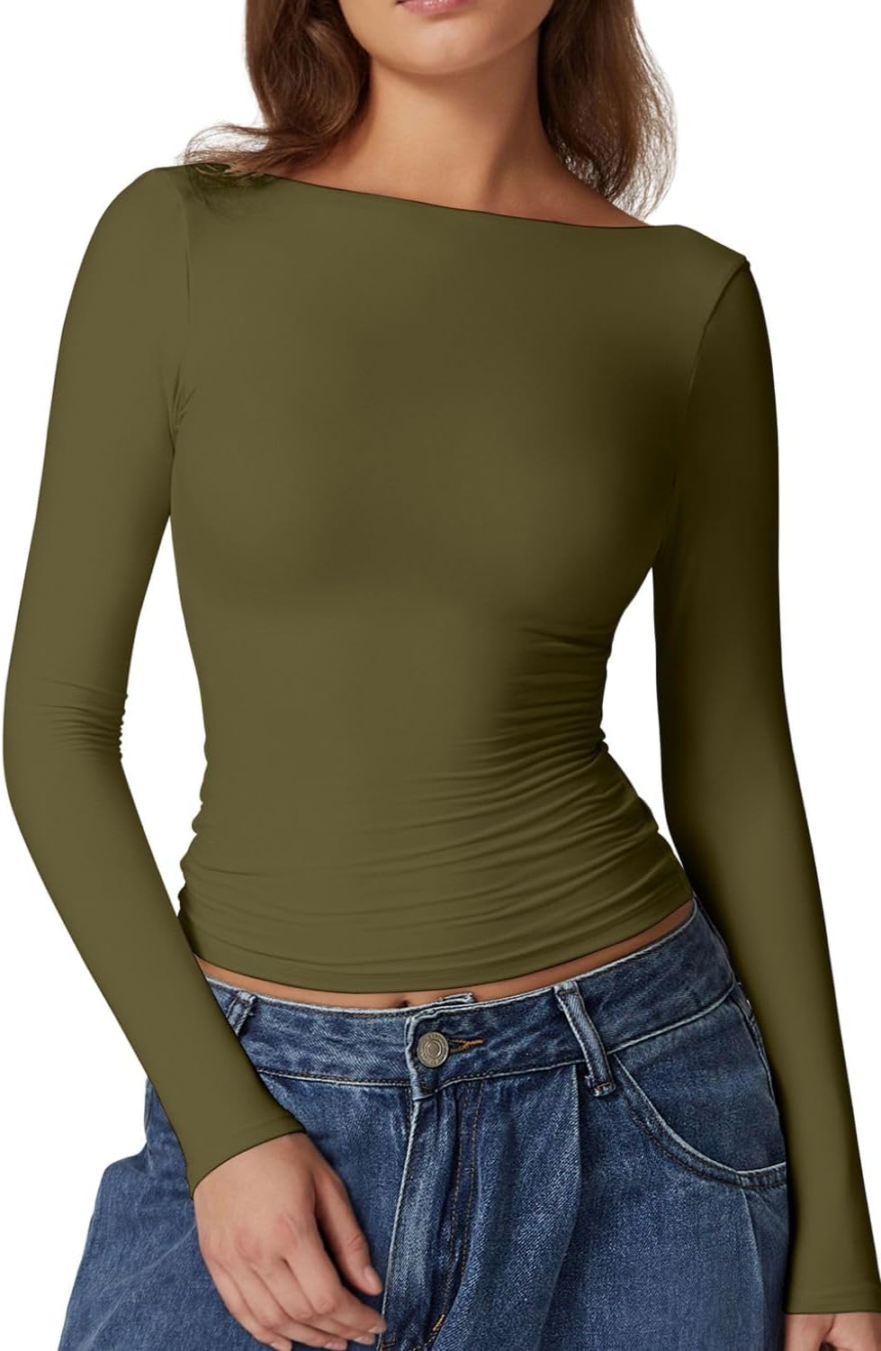 QINSEN Women's Sexy Open Back Long Sleeve Shirts High Neck Double Lined ...