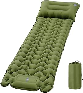 Amazon.com: Colchoneta de dormir de camping 50D ultraligera inflable con almohada bomba de pie ...