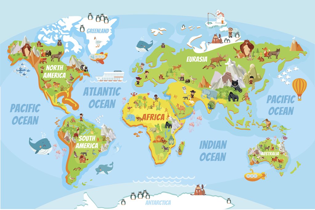 Educational Kids Global World Map Cartoon Animals Travel World Map ...