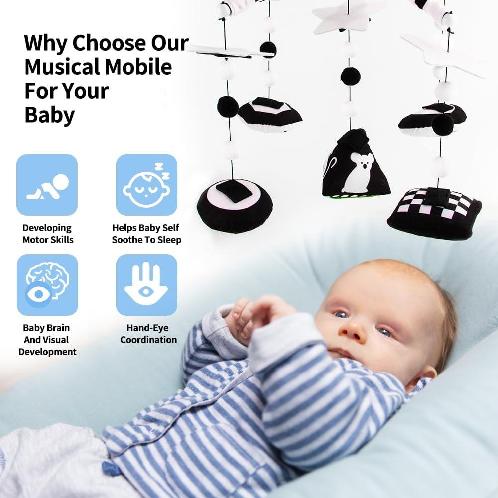 Baby Crib Mobile Black and White High Contrast Musical Baby Mobile for ...