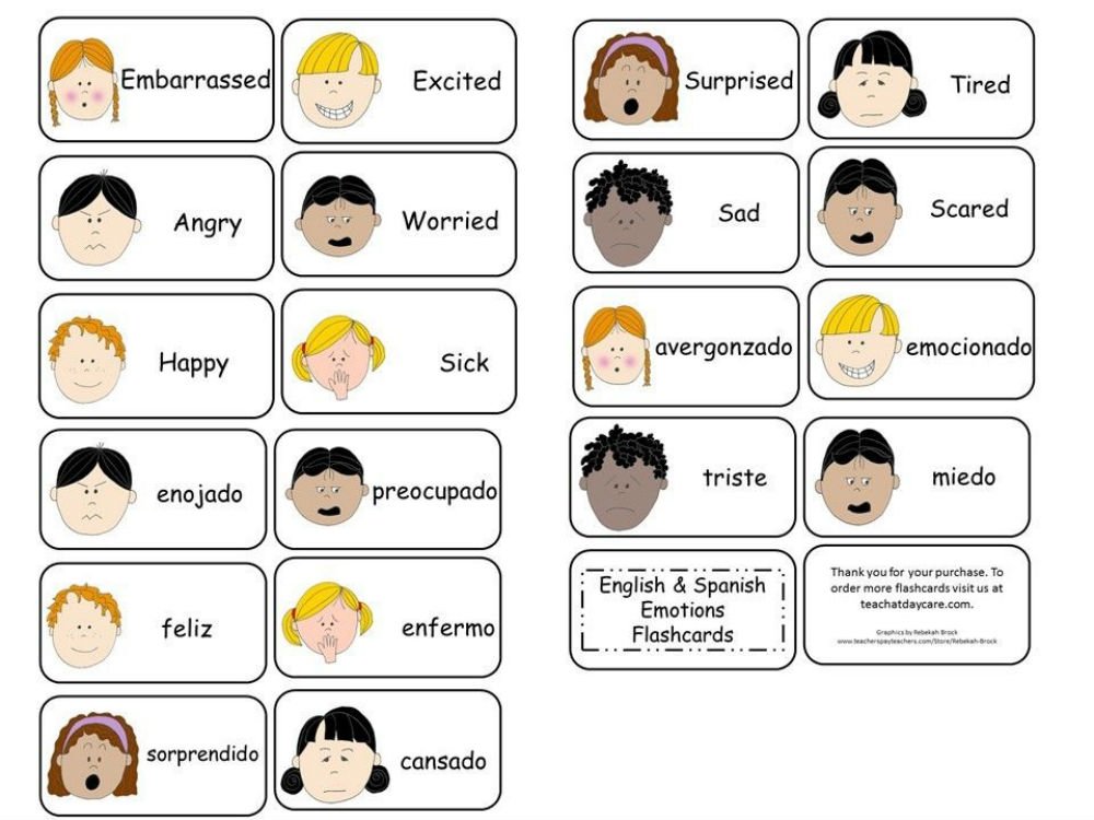Emotions Flash Cards In English And Spanish 20 Preschool Emotions ...