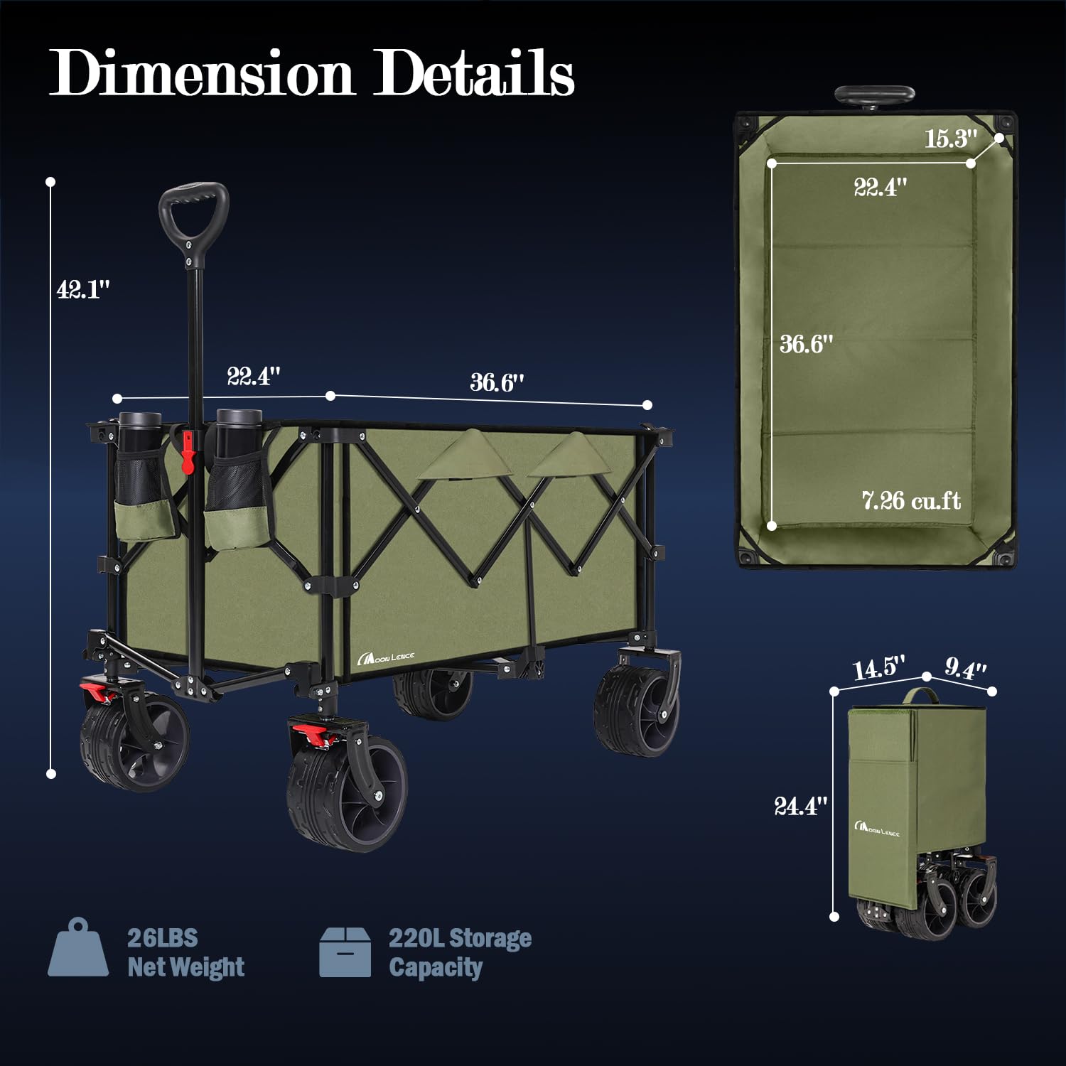 Snapklik.com : MOON LENCE Collapsible Foldable Wagon Cart, 220L Large ...