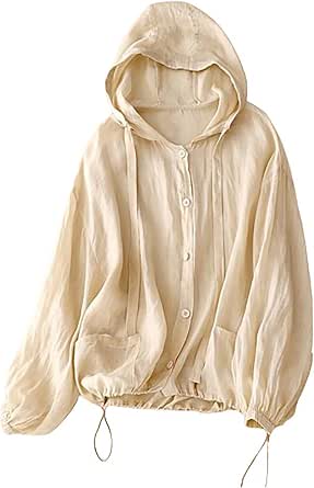Women's Cotton Linen Swim Cover Up Sun Protection Hooded Long Sleeve ...