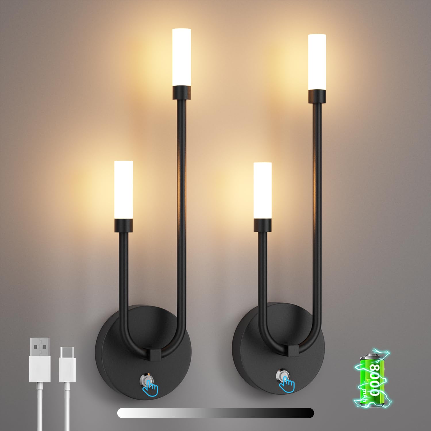 irotine 2 Pack Battery Powered Wall Sconce, Rechargeable Dimmable LED ...