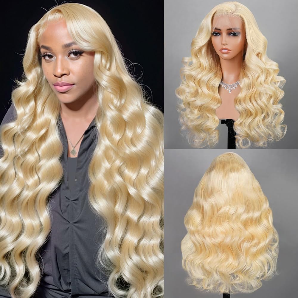 Amazon.com : SEMANK 32 Inch Blonde Wig Human Hair 180% Density 613 13x6 ...
