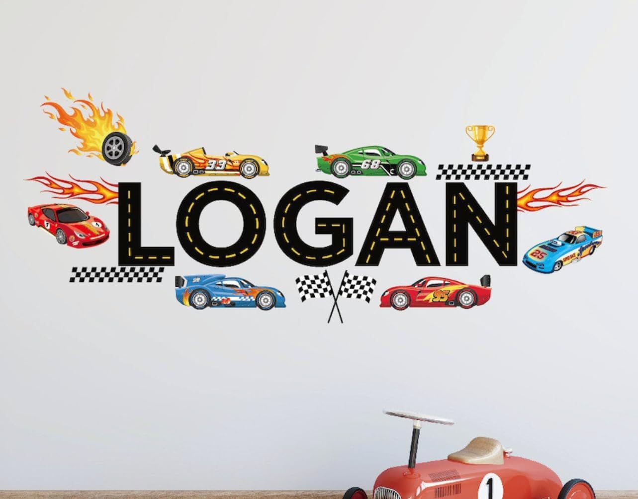 Amazon.com: Race Cars Wall Decal for Boys Room - Custom Name Car ...