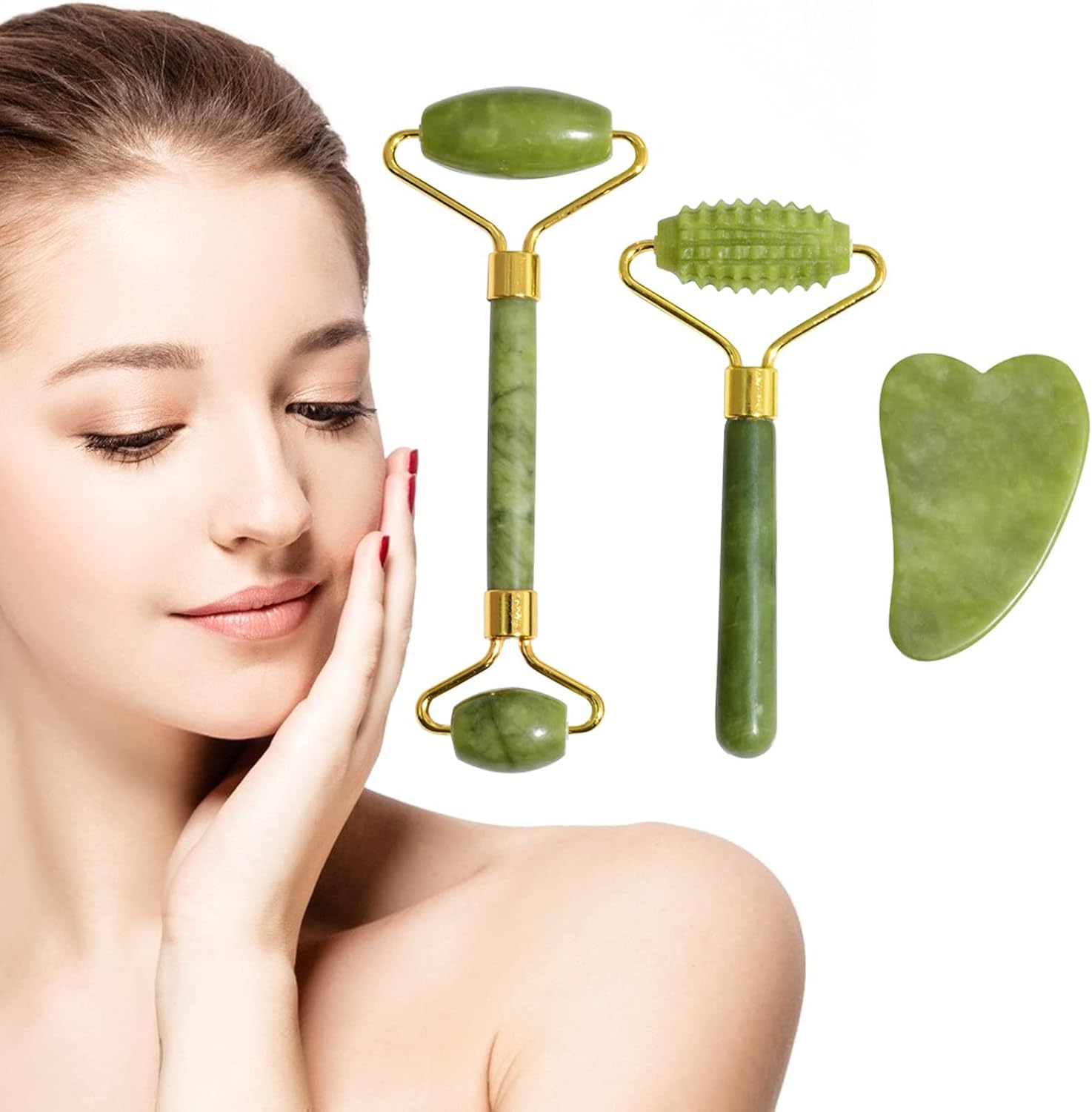 4-in-1 Jade Roller and GuaSha Set - Jade Face Roller with Eye Massager ...