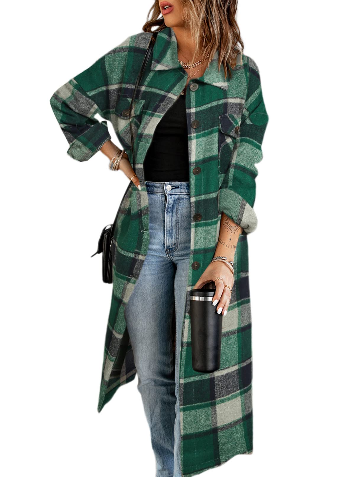 SHEWIN Womens Casual Lapel Button Down Long Plaid Shirts Coat ...