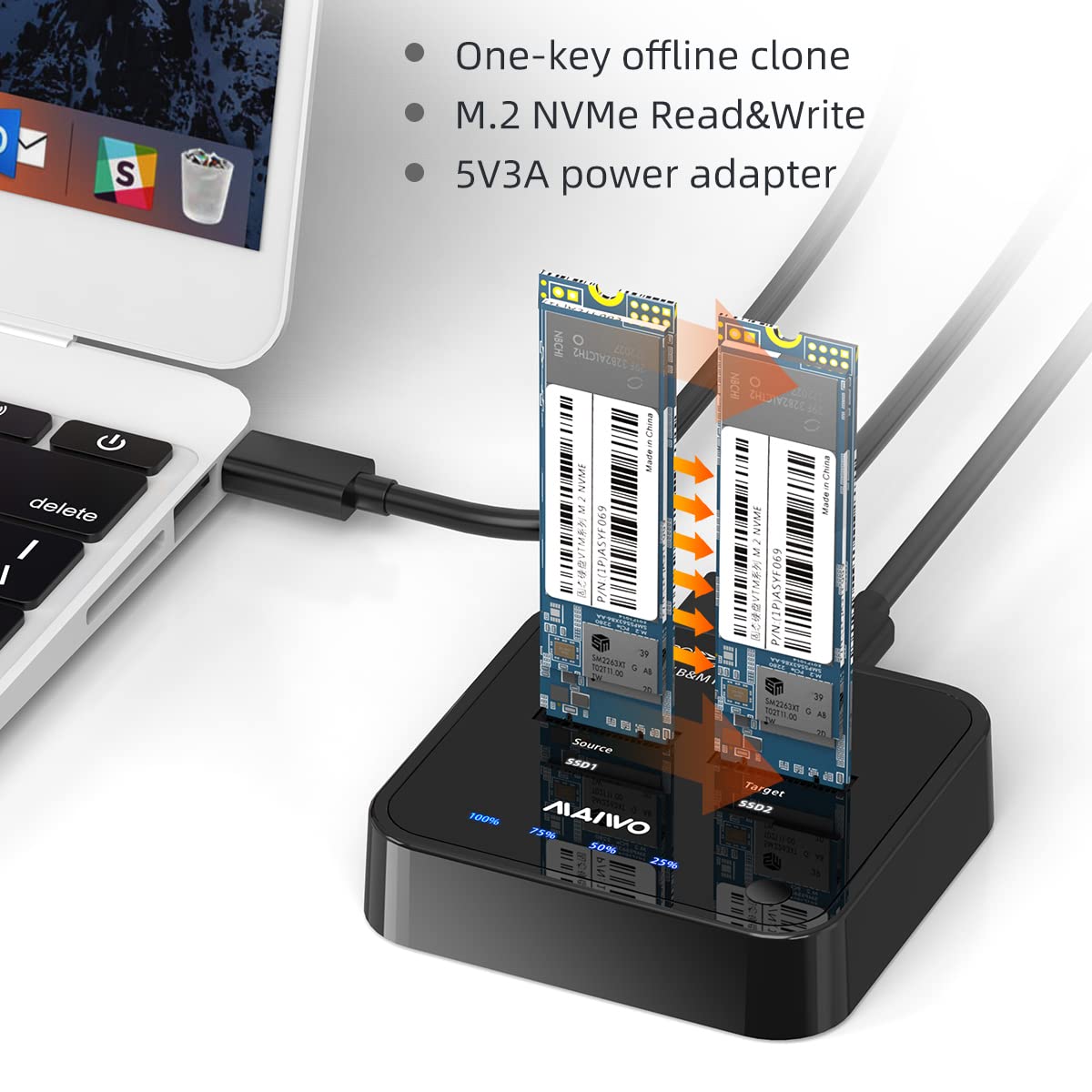 MAIWO K3016P 2 Bay M.2 NVMe Clone Docking Station, Duplicator for USB C ...