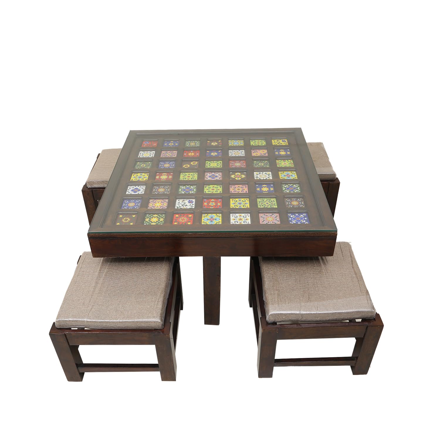 SNR FURNITURE Sheesham Wood Tile Coffee Table with 4 Cushioned Stool ...