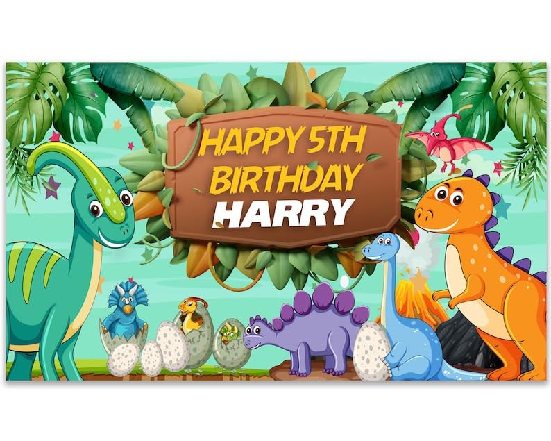 Personalised Birthday Backdrop Background Banner Dinosaur volcano Photo ...