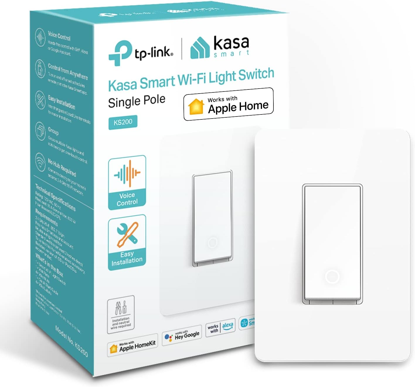 Kasa Apple HomeKit Smart Light Switch KS200, Single Pole, Neutral Wire Required, 2.4GHz Wi-Fi ...
