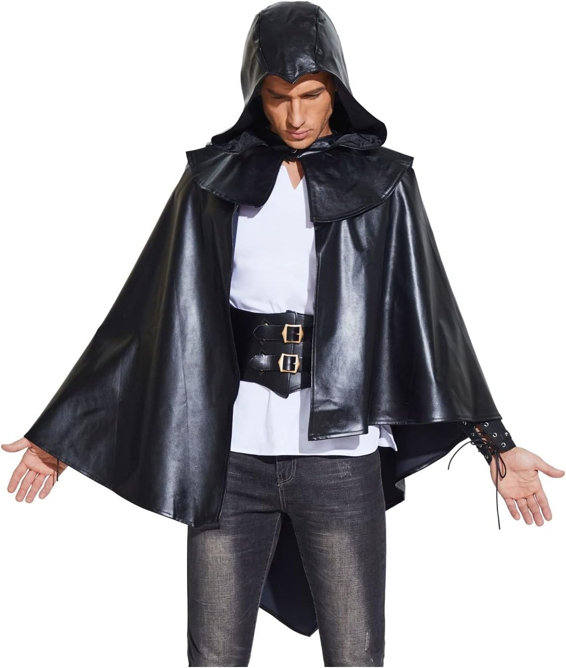 Amazon.com: KUOIN Medieval Hooded Cape Cosplay Robe PU Leather ...