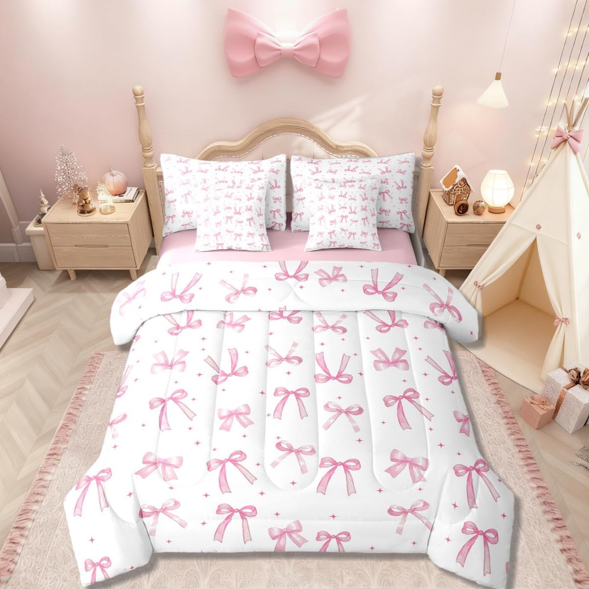 Amazon.com: Erosebridal 7 Piece Light Pink Bow Bedding Set Twin Size ...