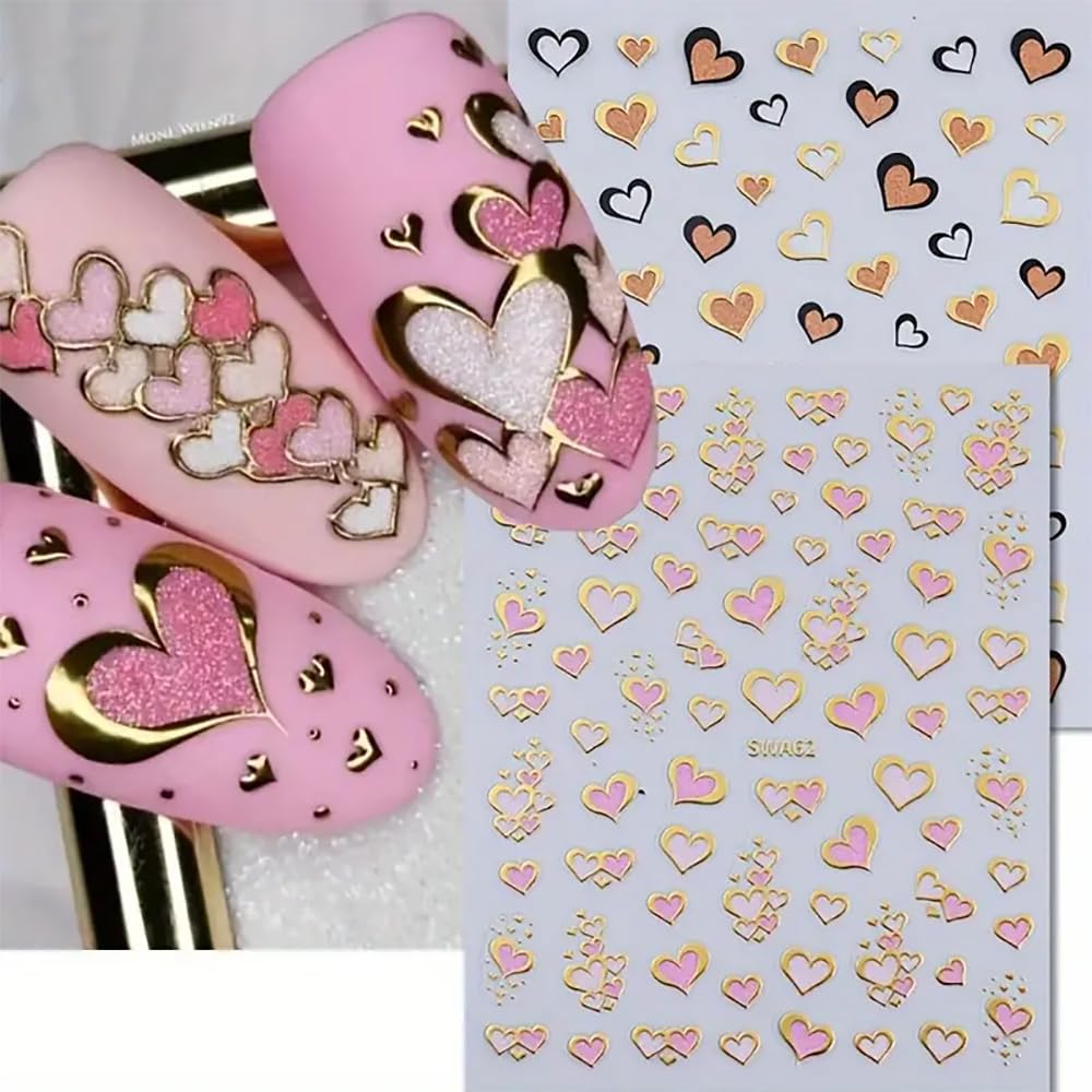 Amazon.com: 6Sheets Valentines Nail Art Stickers Gold Heart Nail Decals ...