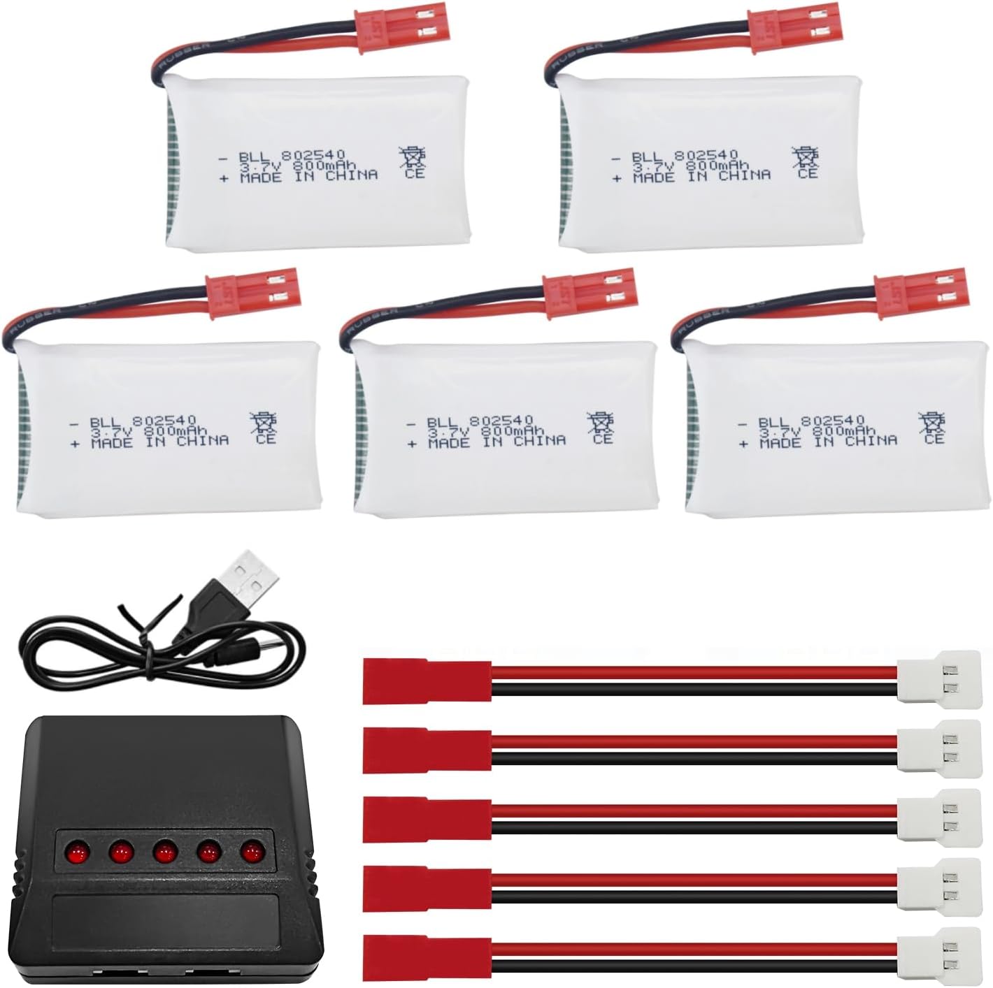 Amazon.com: sea jump 5PCS 3.7V 800mAh Lipo Battery Remote Control Drone ...
