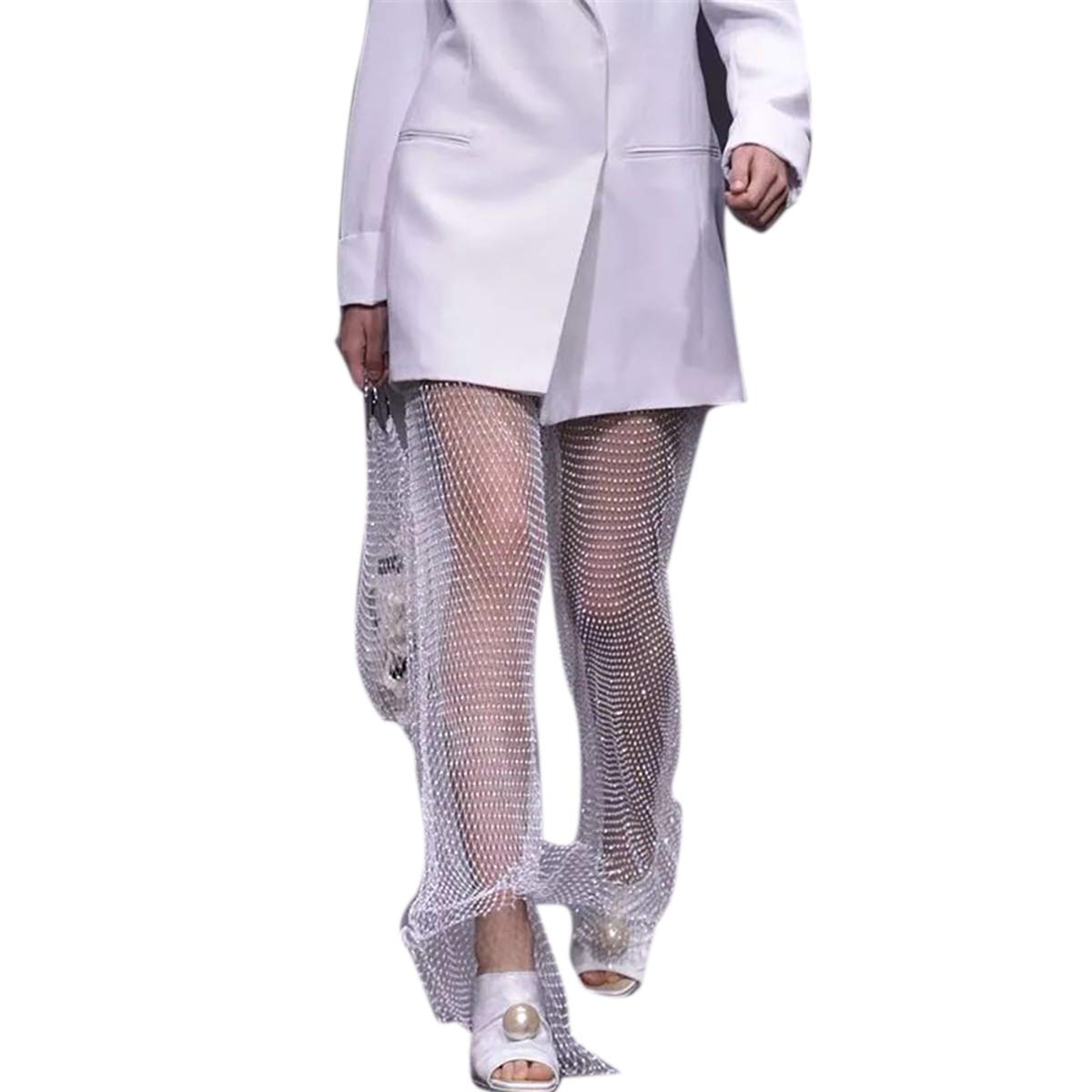 Women Sexy Crystal Rhinestone Mesh Pants Hollow Out Fishnet Leggings ...