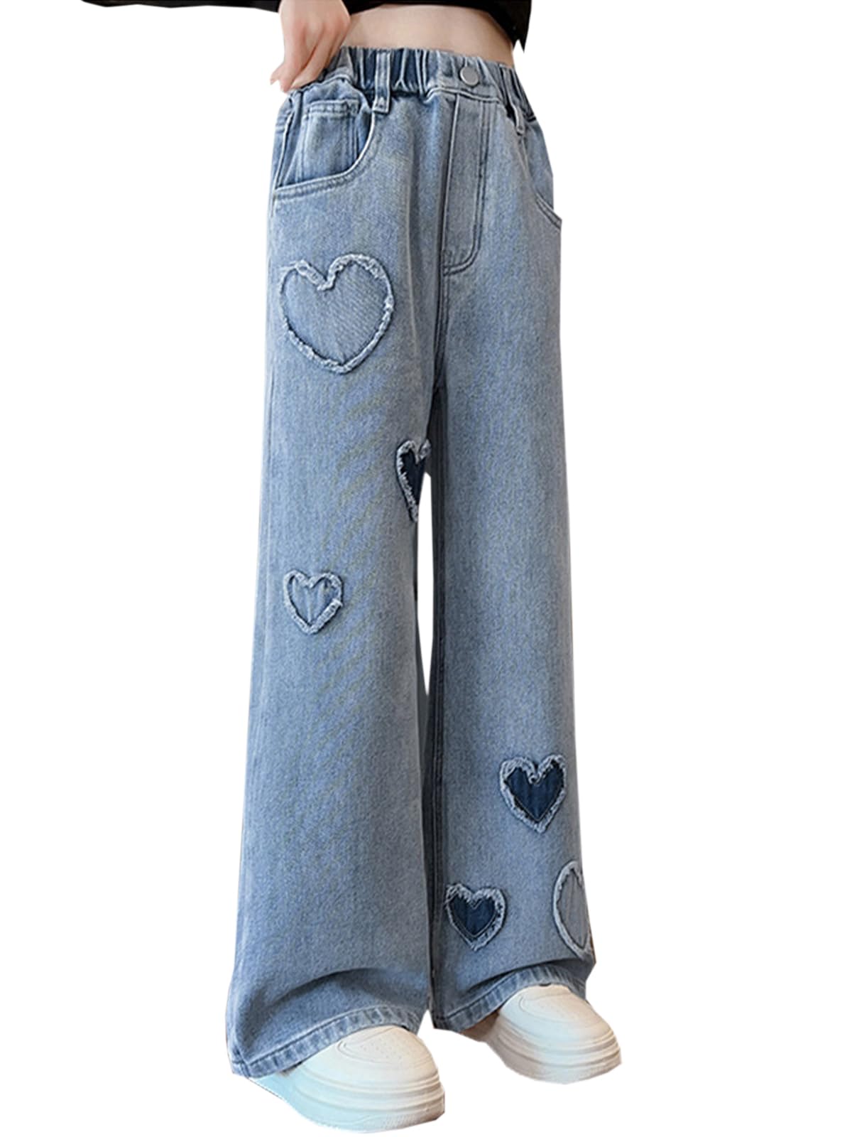 Snapklik.com : SANGTREE Girls High Elastic Waist Heart Patchwork Jeans