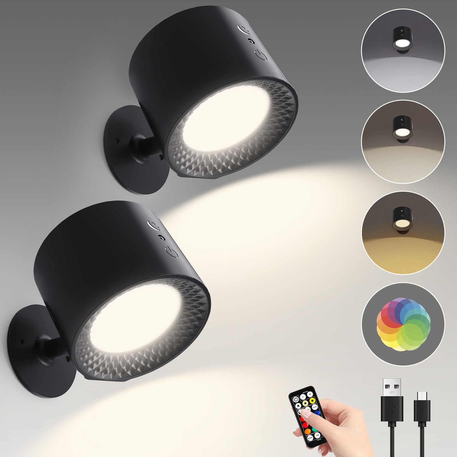 HCYW Battery Operated Wall Lights, 2 Pack Rechargeable Wall Lights ...