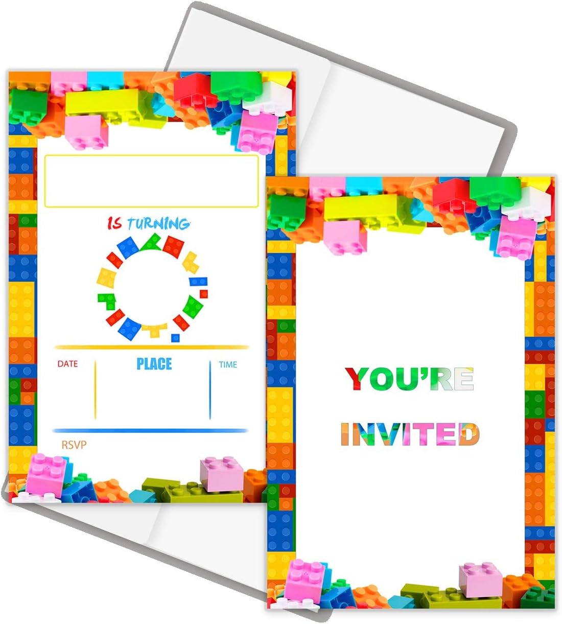 Amazon.com : QZCYU Building Block Party Design Birthday Invitations ...