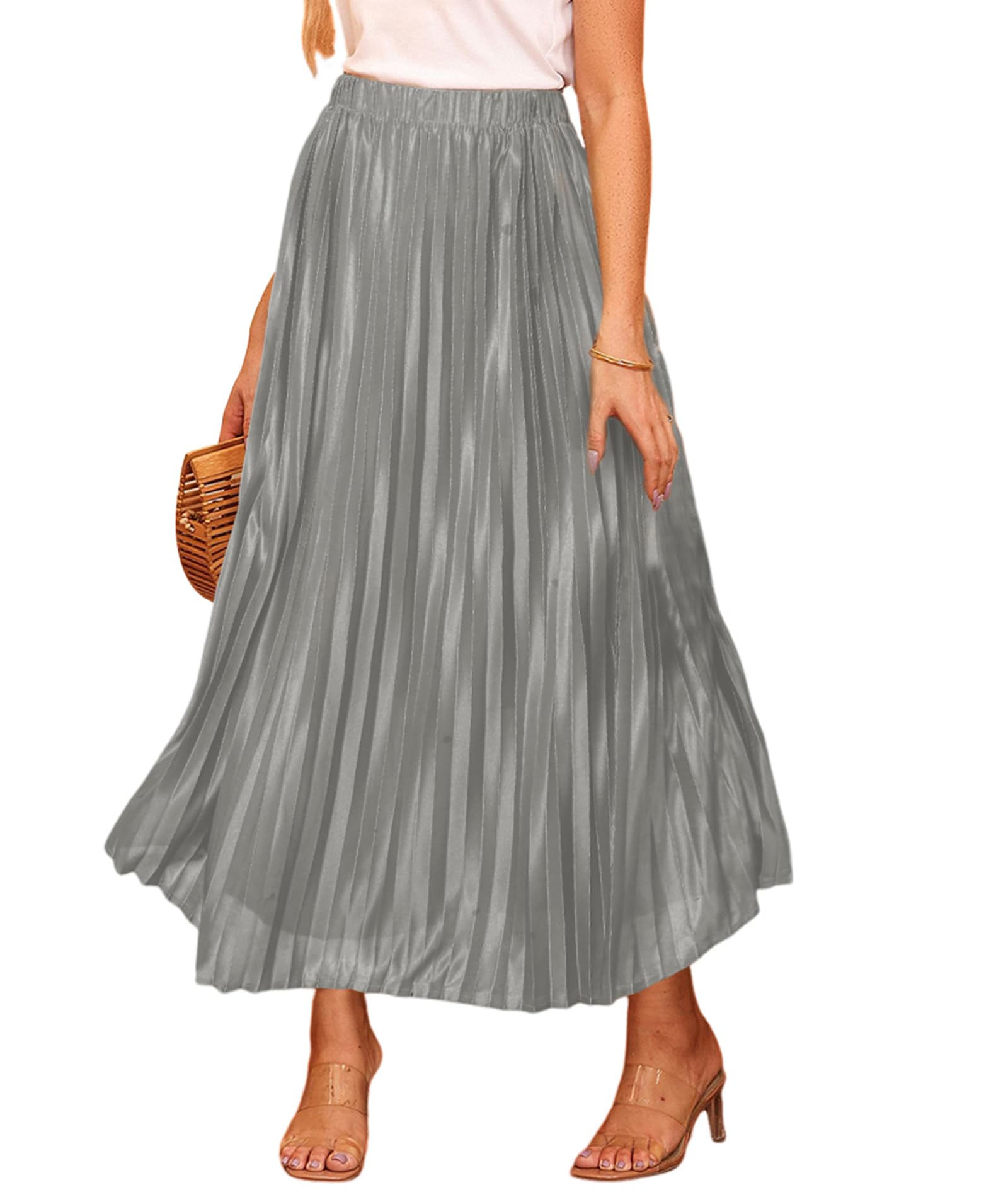 EARKOHA Women Pleated Maxi Skirt Metallic Accordion Shiny Elastic High ...