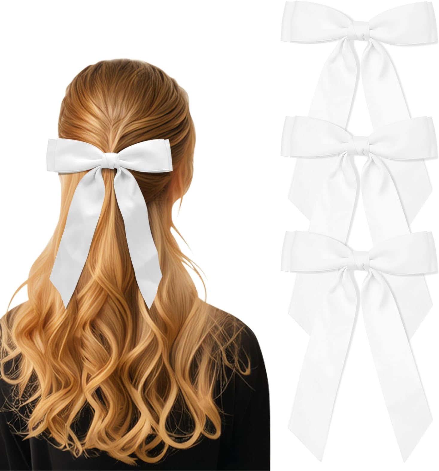 Amazon.com : 3Pcs White Hair Bows for Women Double-Layer Long Tail Bow ...
