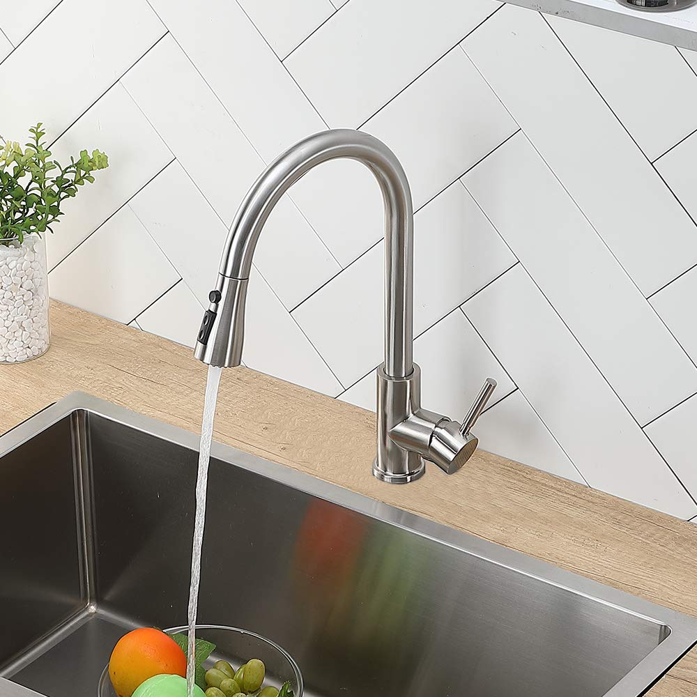ATUM HOME Brushed Nickel Kitchen Taps with Pull Out Spray,Single Handle ...