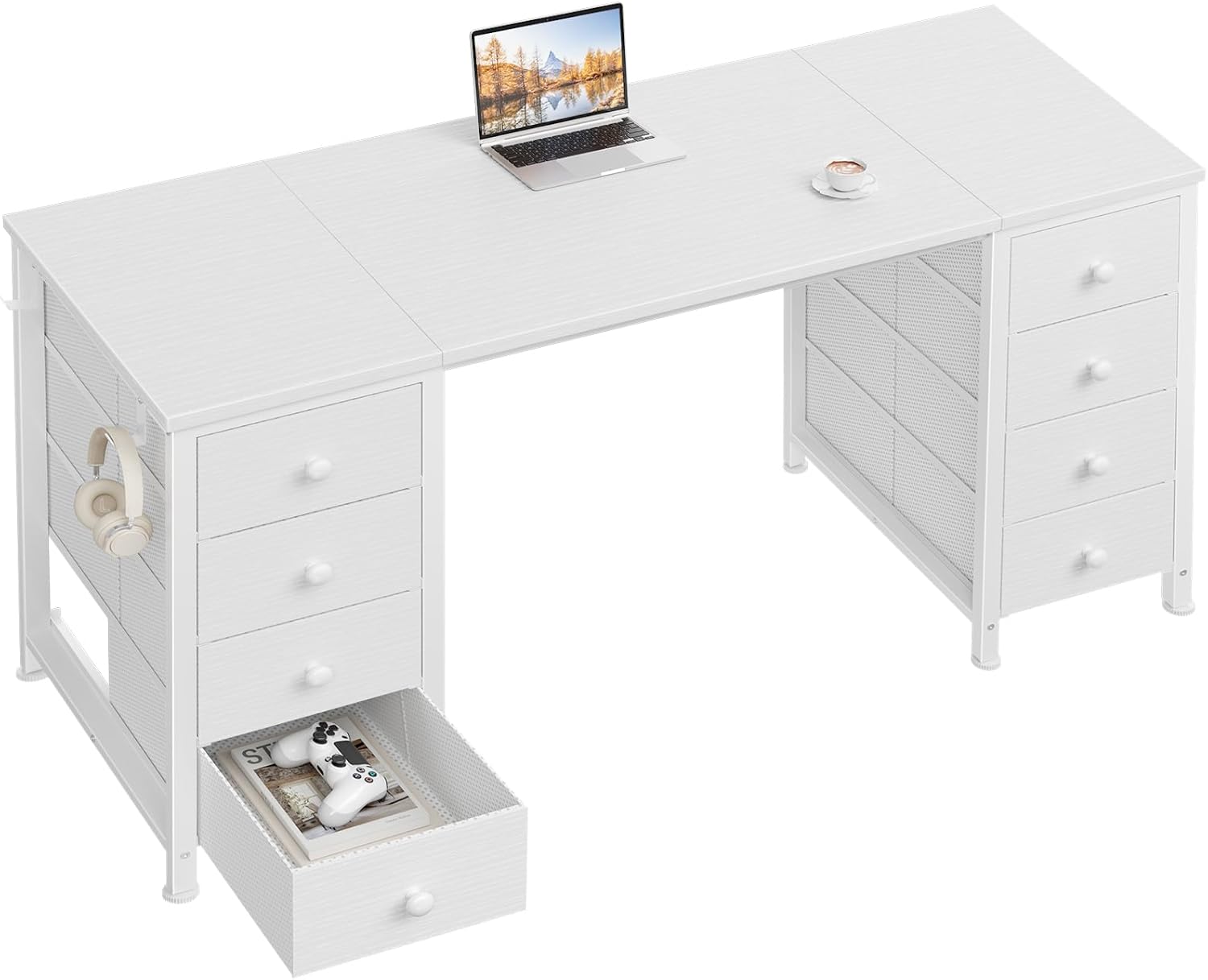 White Computer Desk with Drawers on Both Sides for Home Office, 55 inch ...